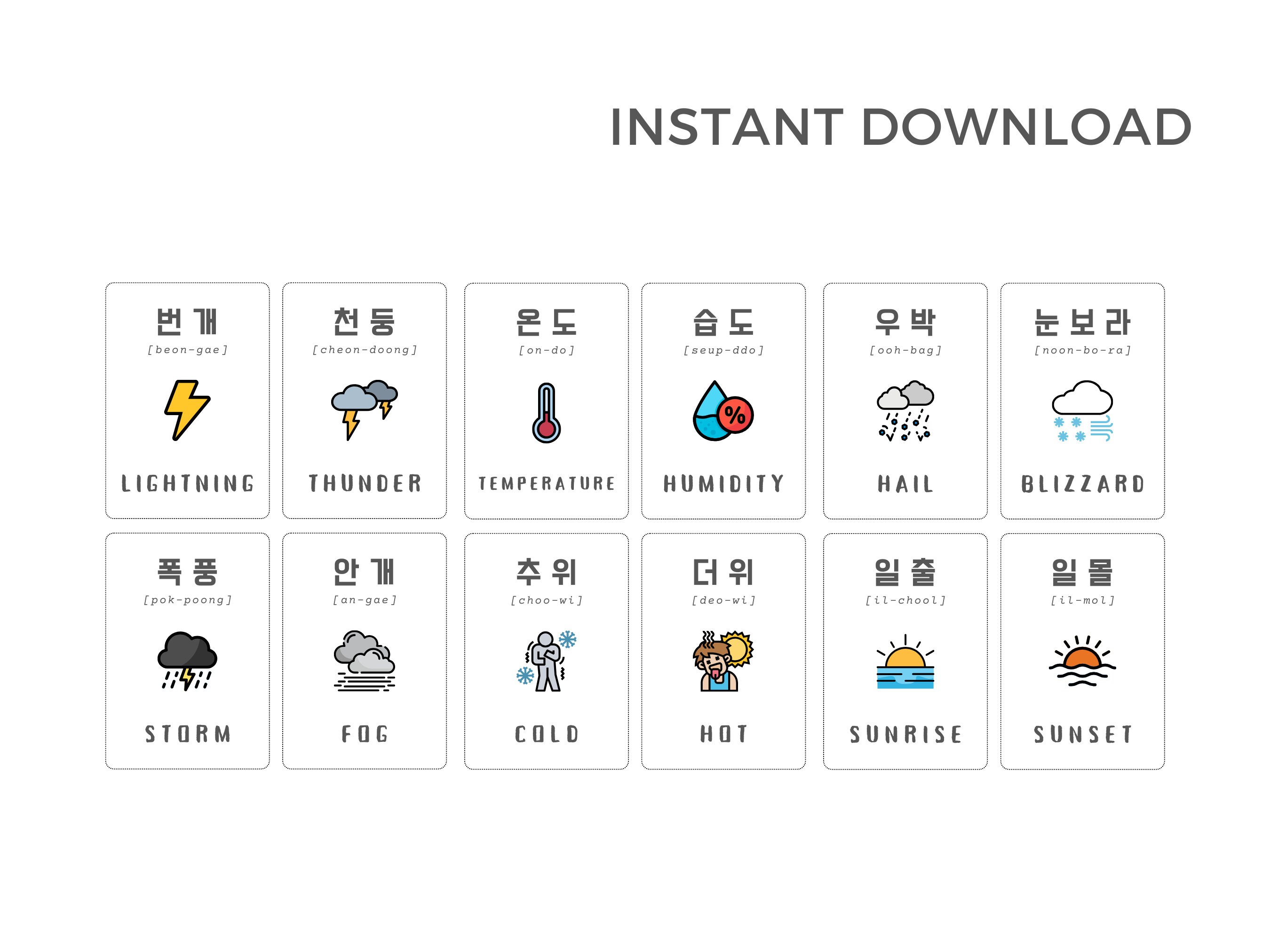 Korean Weather Flashcards | Learn Korean Language | Educational ...