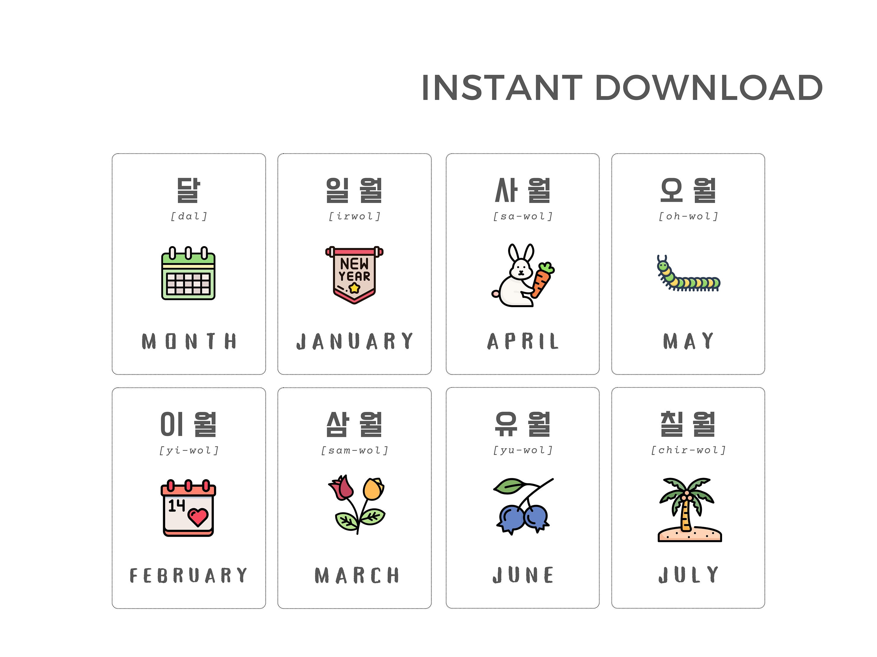 Korean Days and Months Flashcards Learn Korean Language Educational ...