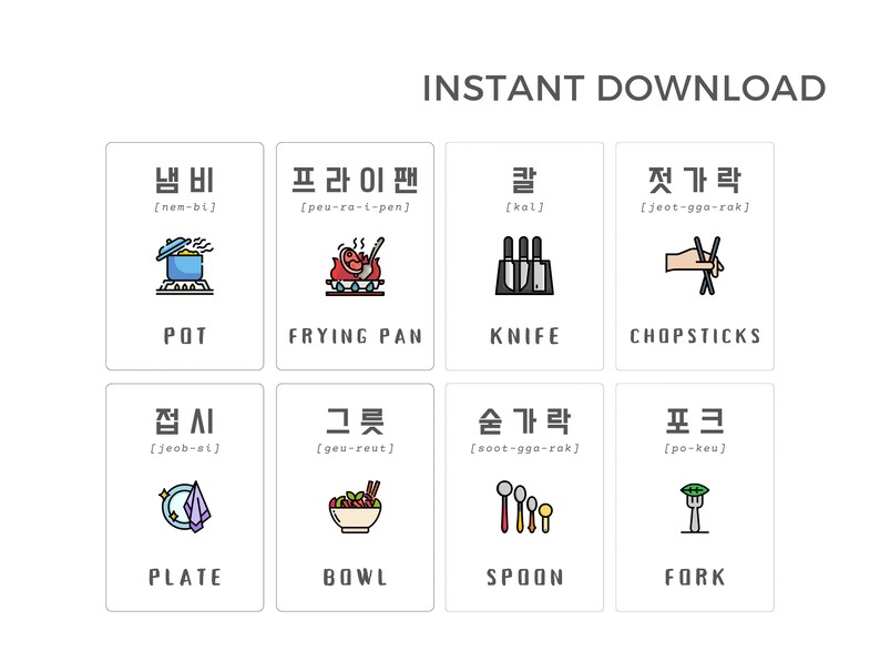 Korean Kitchen Flashcards | Learn Korean Language | Educational ...