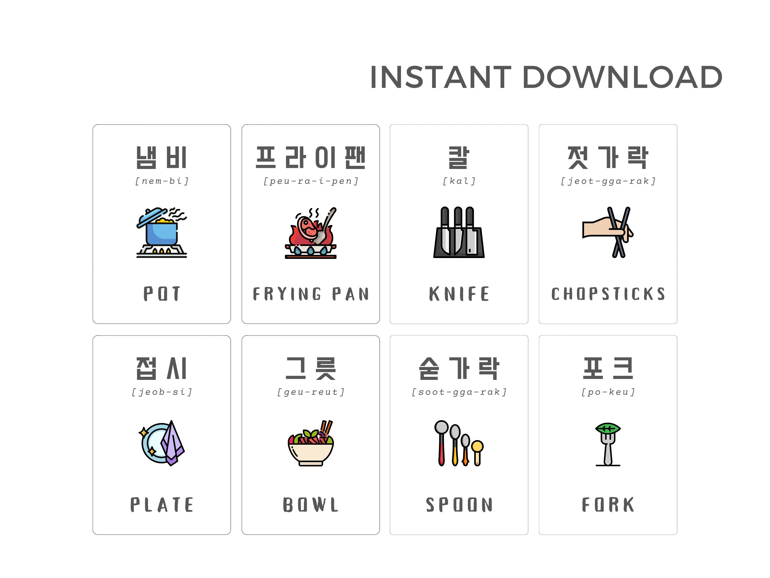 Korean Kitchen Flashcards | Learn Korean Language | Educational ...