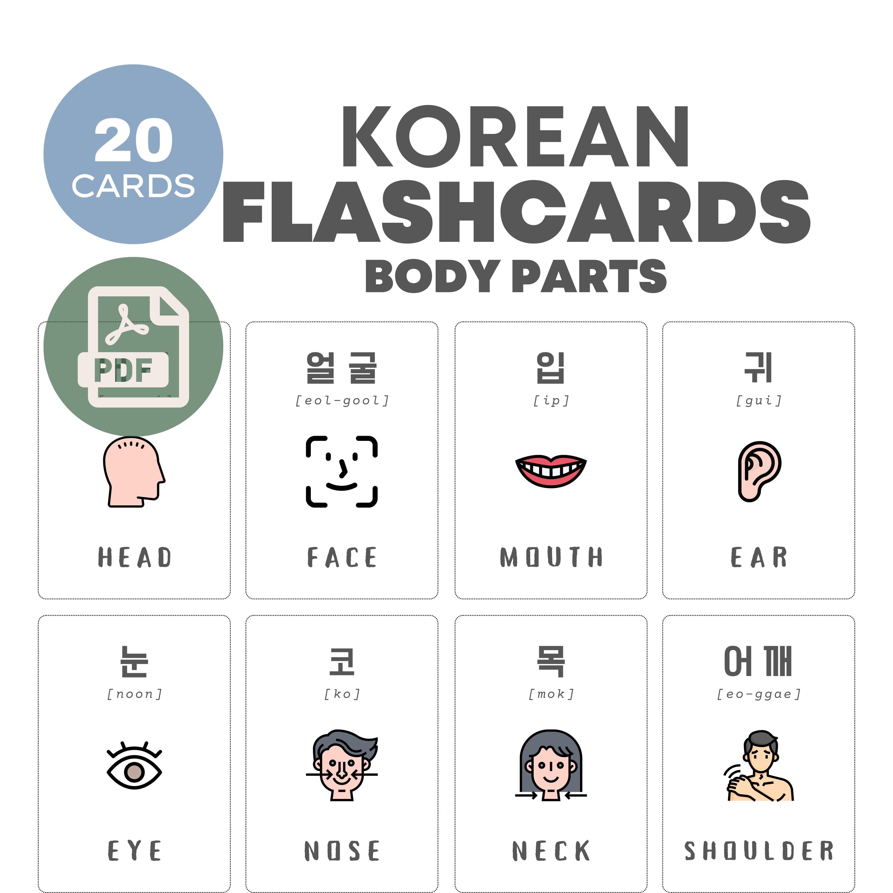 Korean Body Parts Flashcards | Learn Korean Language | Educational ...