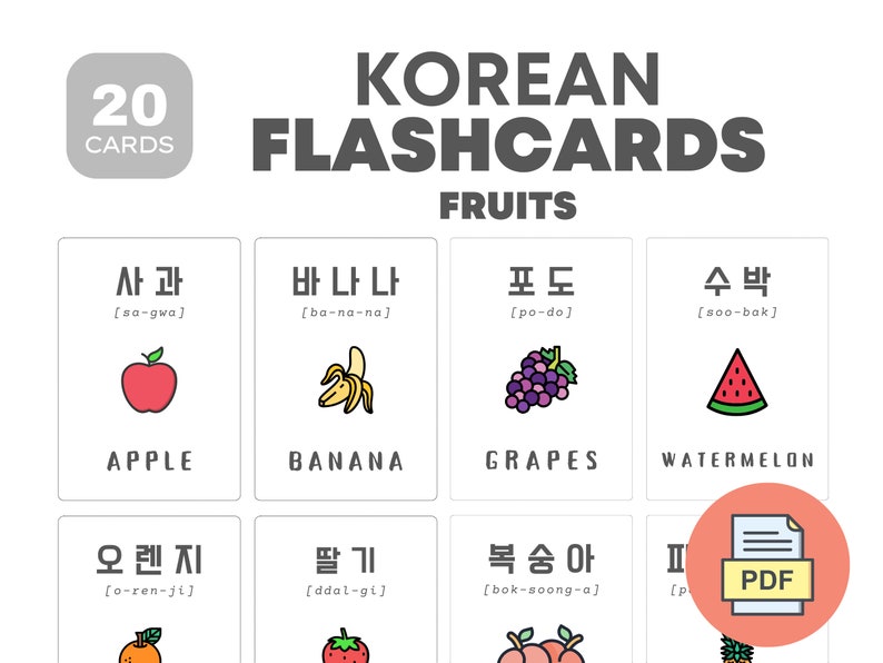Korean Fruit Flashcards Learn Korean Language Educational Printable ...