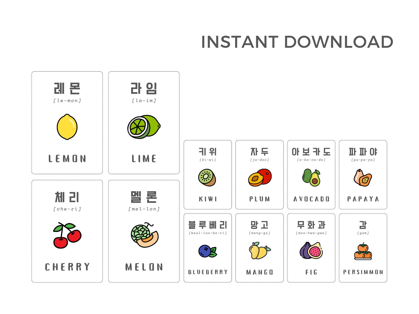Korean Fruit Flashcards Learn Korean Language Educational Printable ...