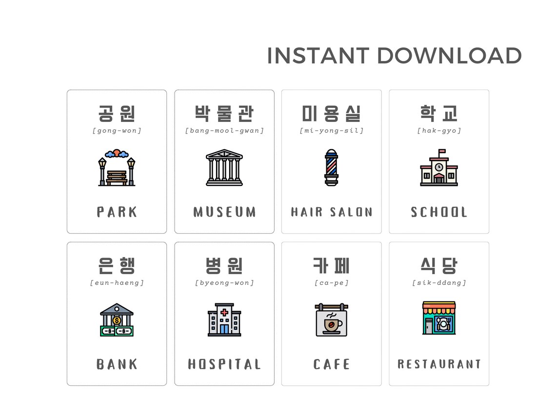 Korean Places Flashcards Learn Korean Language Educational Printable ...