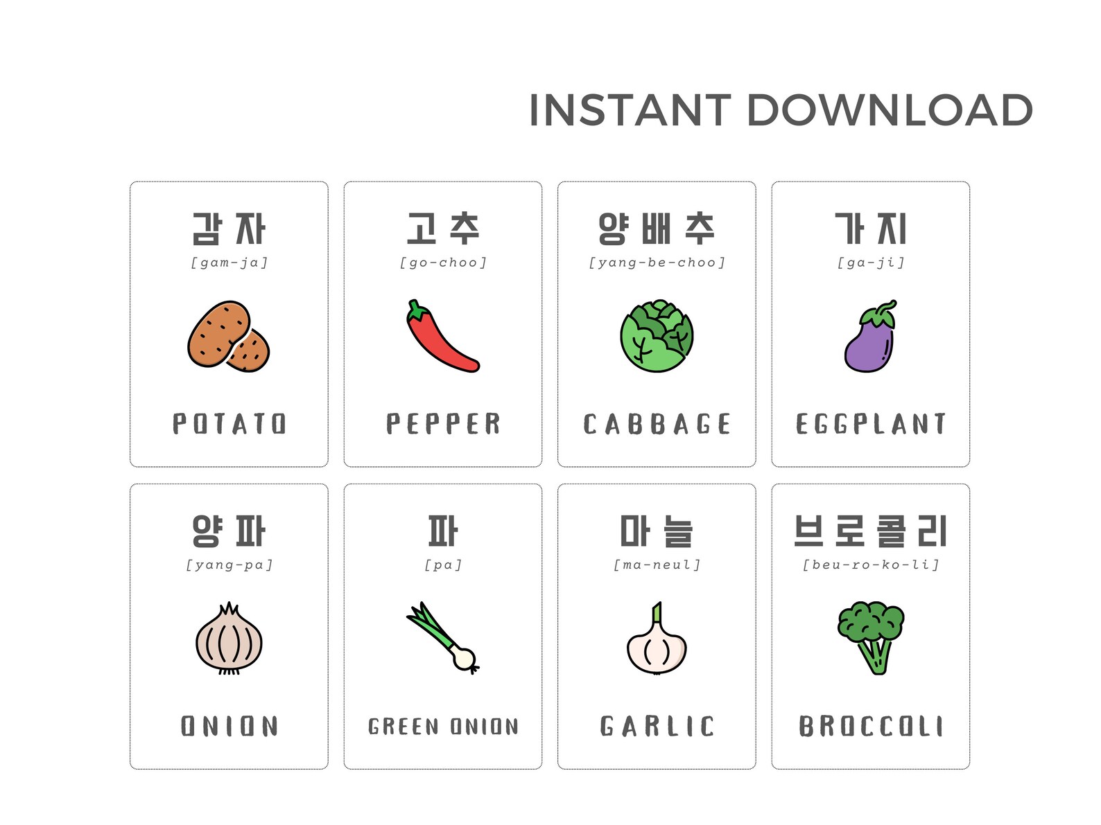 Korean Vegetable Flashcards | Learn Korean Language | Educational ...