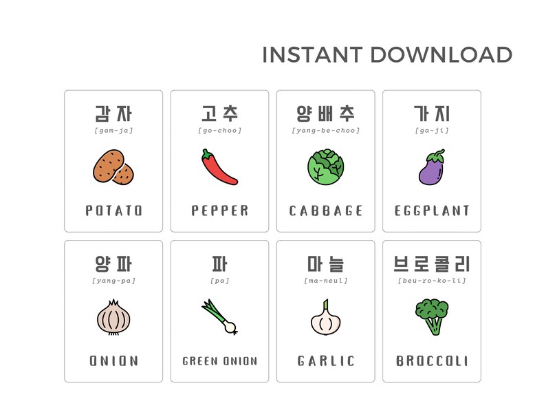 Korean Vegetable Flashcards | Learn Korean Language | Educational ...