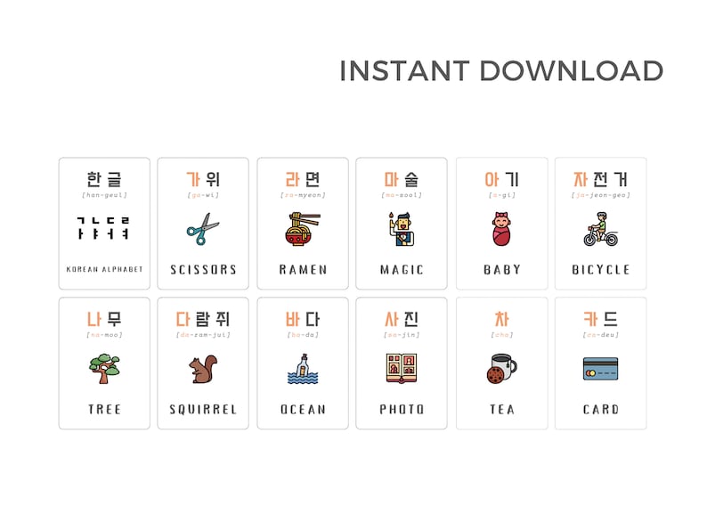 Korean Alphabet Hangul Flashcards Learn Korean Language Educational ...