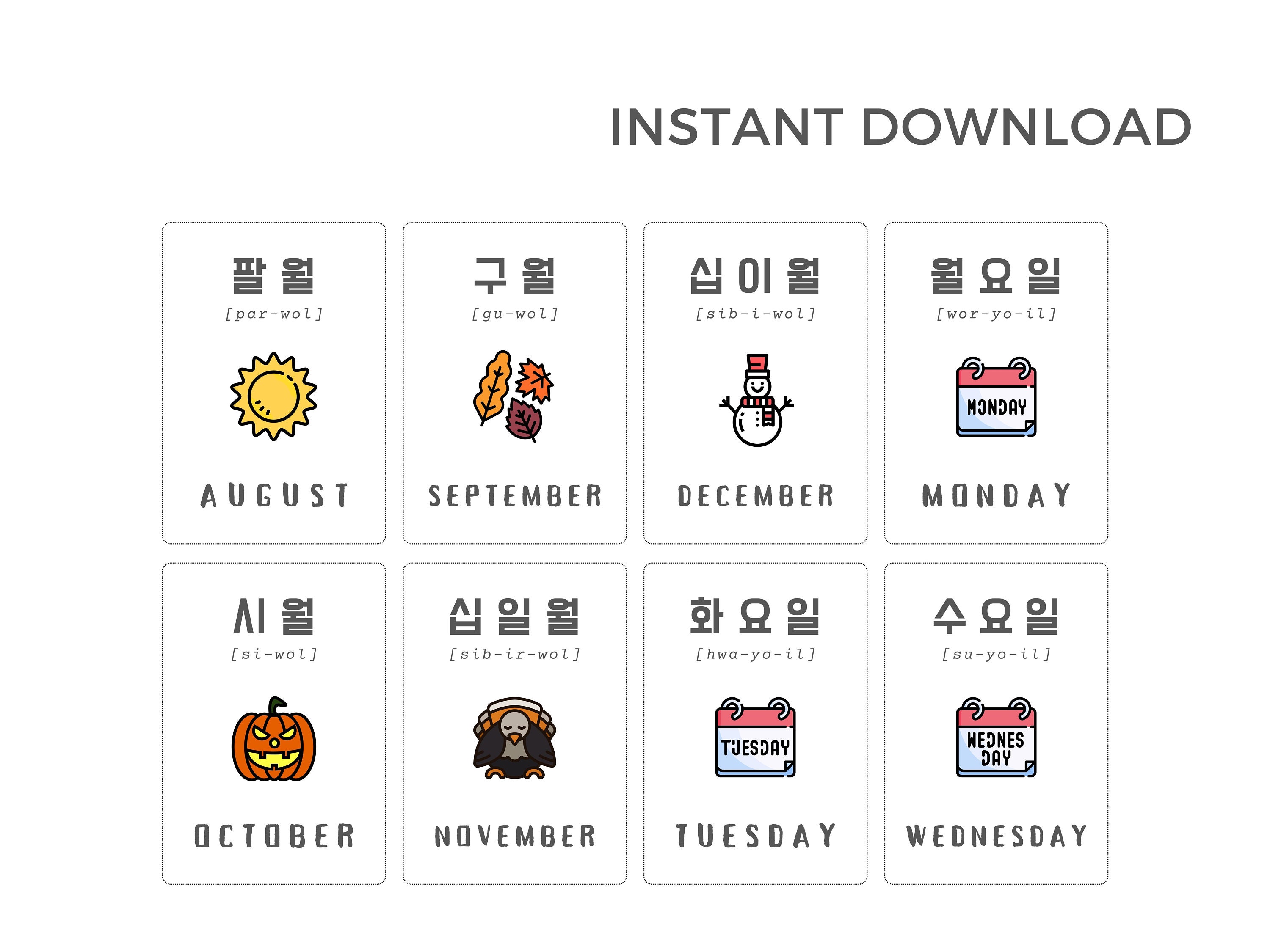 Korean Days and Months Flashcards Learn Korean Language Educational ...