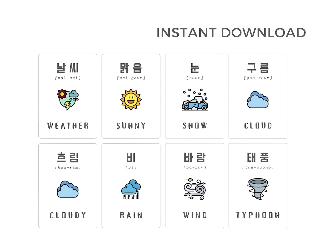Korean Weather Flashcards | Learn Korean Language | Educational ...