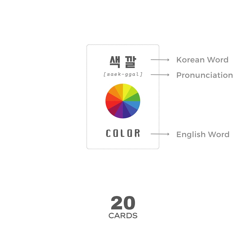20 Korean Color Flashcards | Learn Hangul Colors | Printable Vocabulary ...