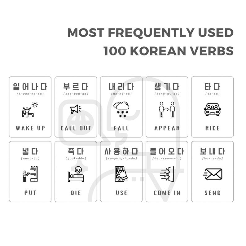 100 Korean Verb Flashcards | Learn Hangul Verbs | Printable Vocabulary ...