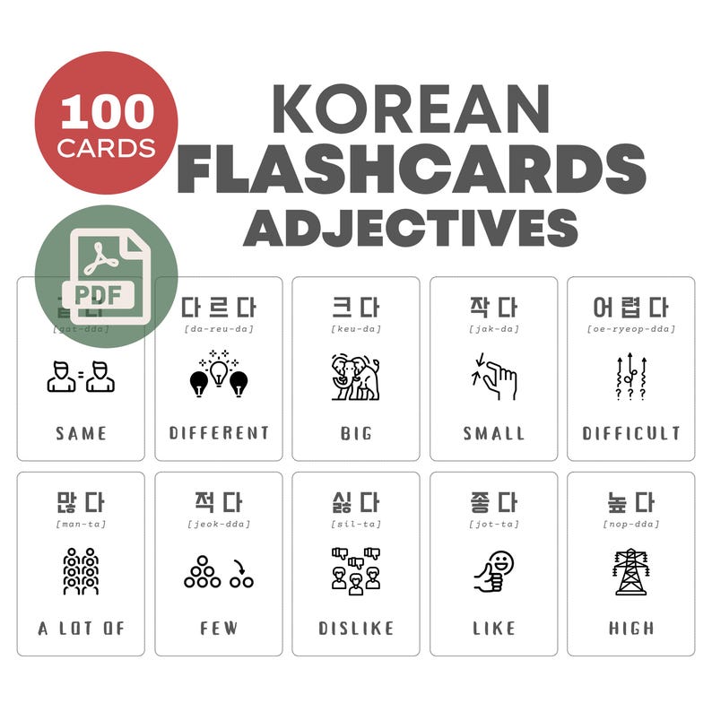 100 Korean Adjective Flashcards | Learn Hangul Adjectives | Printable ...
