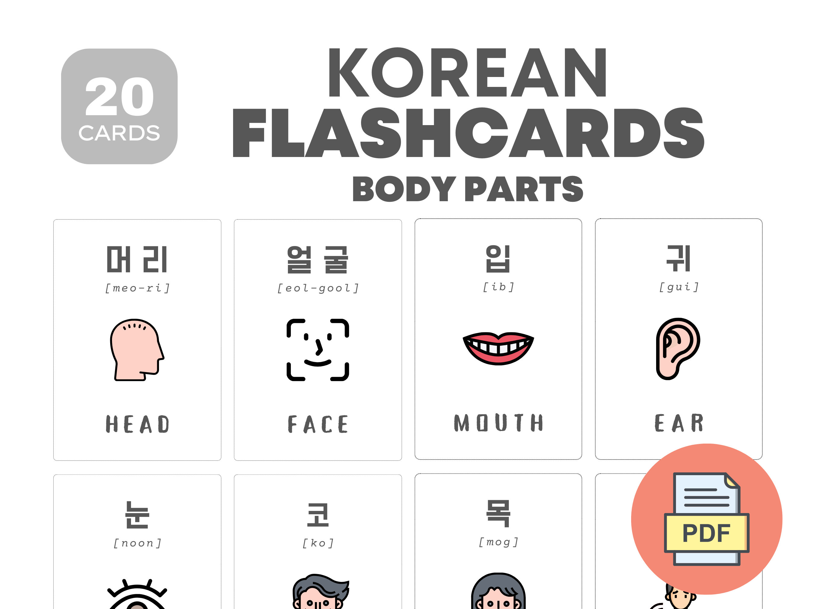 Korean Body Parts Flashcards Learn Korean Language Educational ...