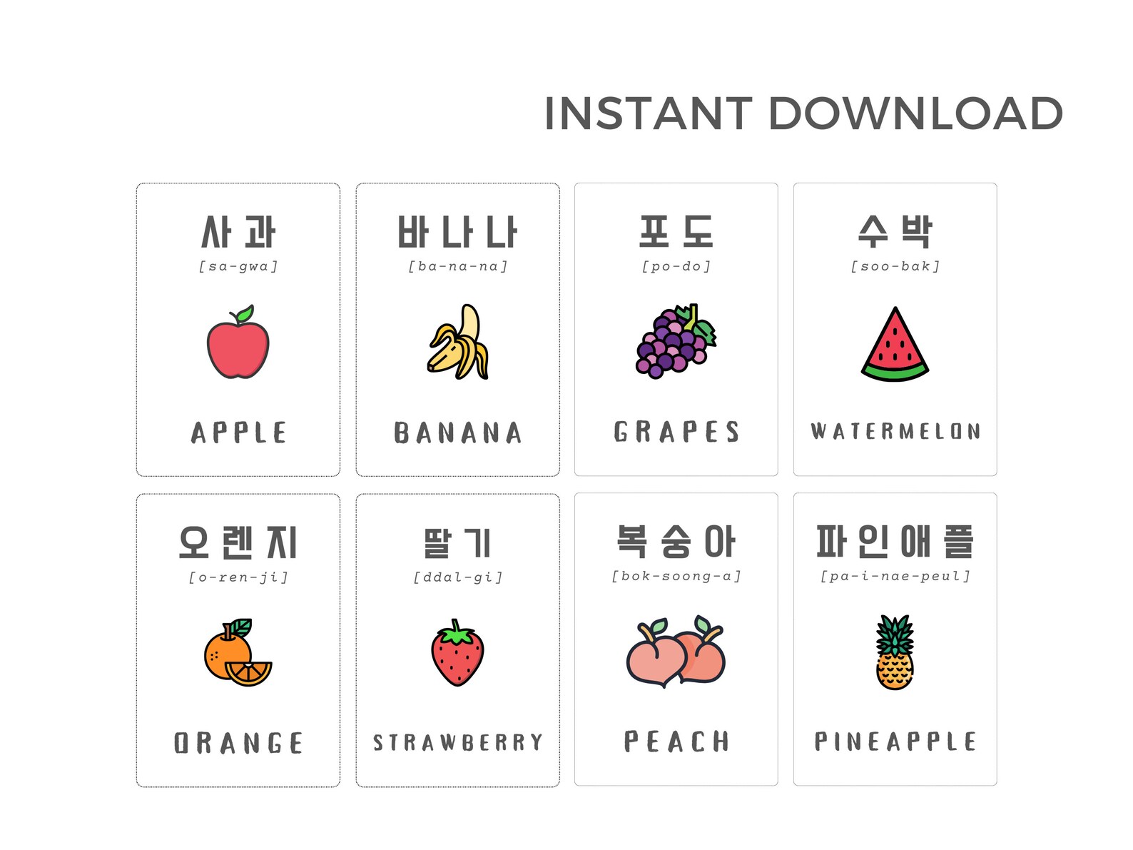 Korean Fruit Flashcards Learn Korean Language Educational Printable ...