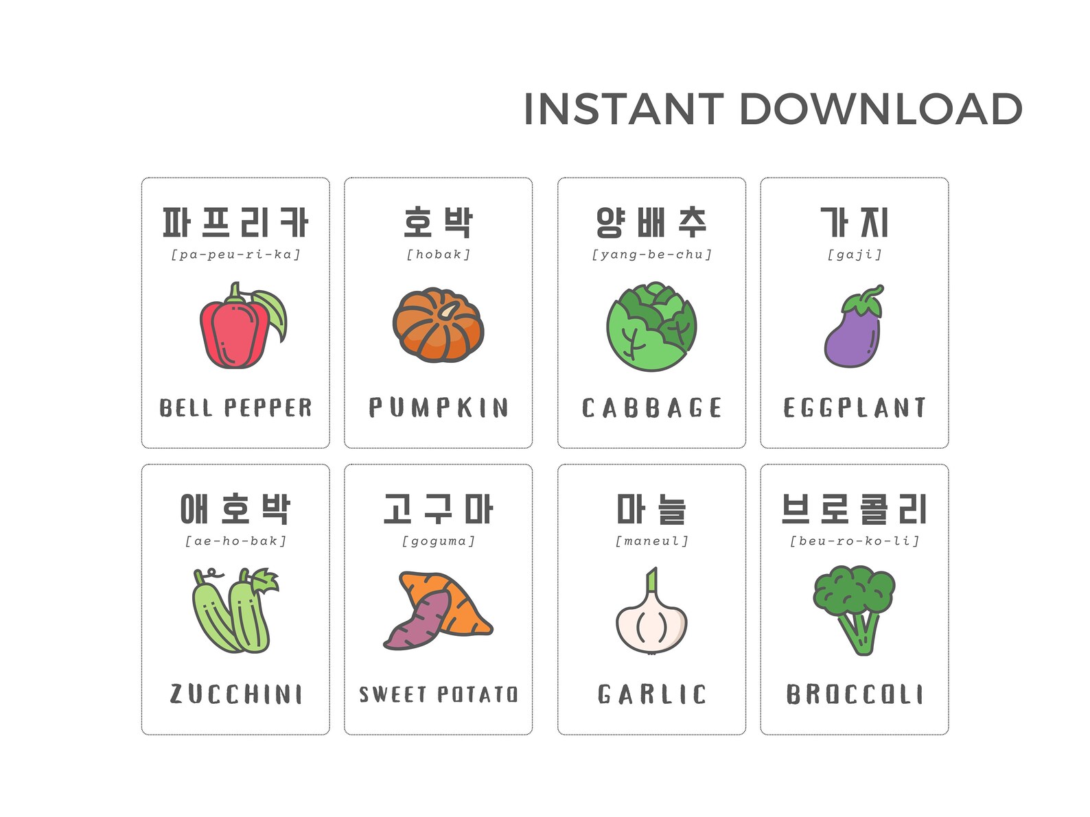 Korean Vegetable Flashcards Learn Korean Language - Etsy