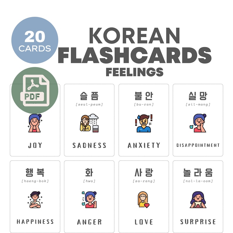 20 Korean Feeling Flashcards | Learn Hangul Emotions | Printable ...