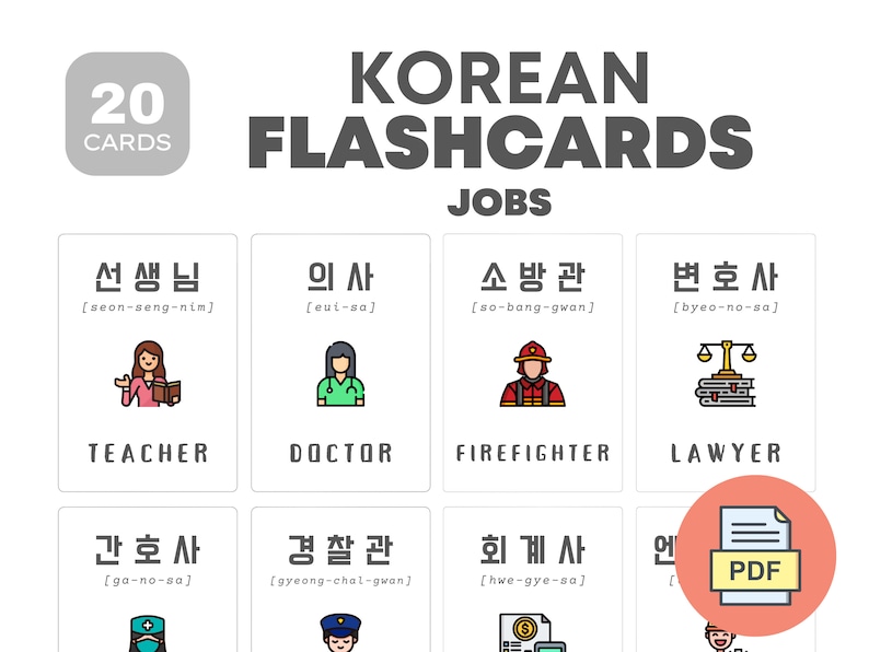 Korean Job Flashcards | Learn Korean Language | Educational Printable ...