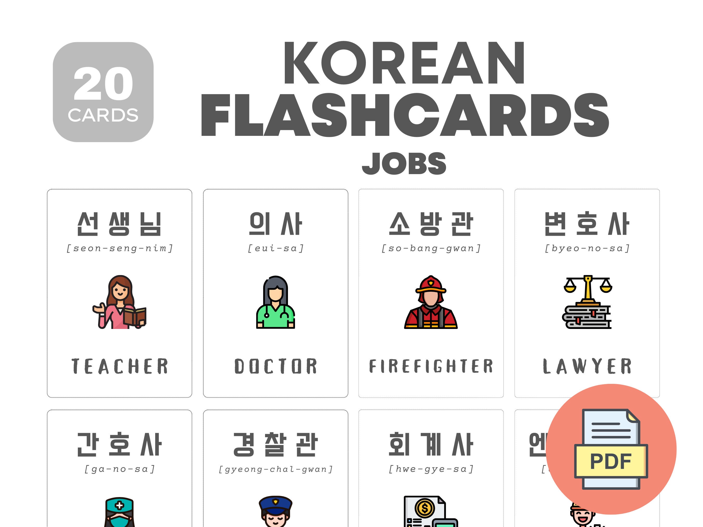 Korean Job Flashcards | Learn Korean Language | Educational Printable ...