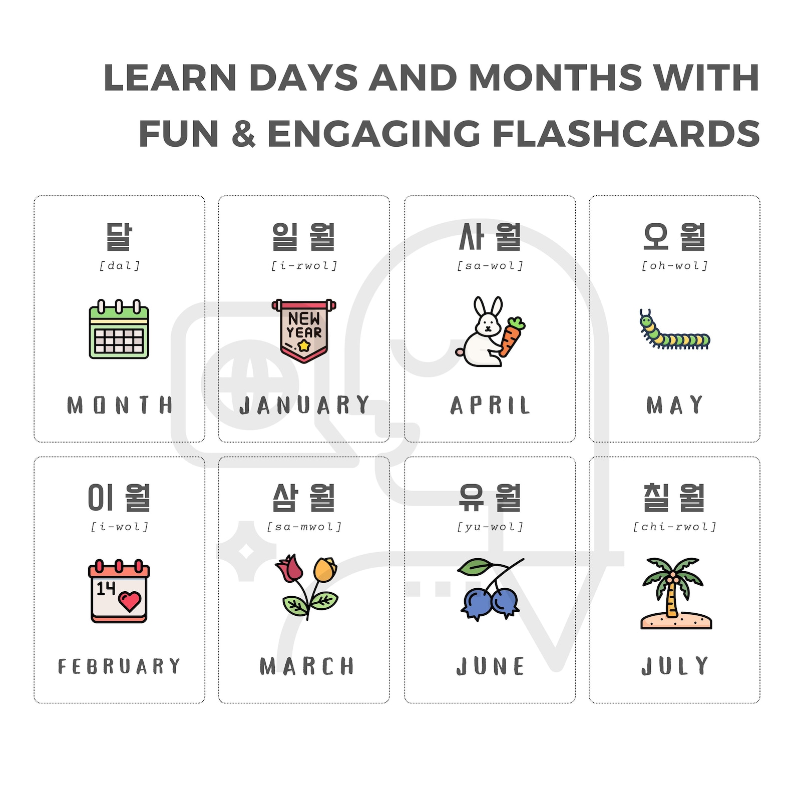 20 Korean Days & Months Flashcards | Learn Hangul Calendar Words ...