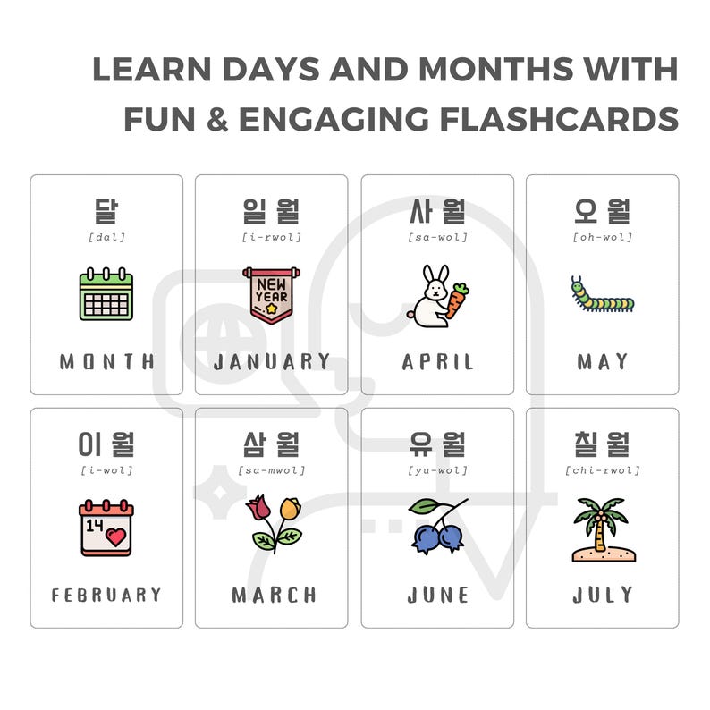 Korean Days and Months Flashcards | Learn Korean Language | Educational ...