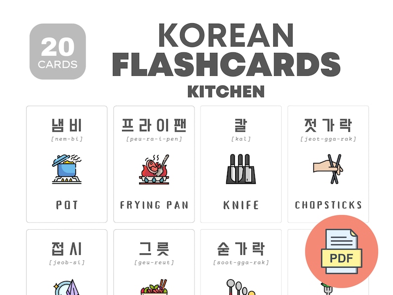 Korean Kitchen Flashcards | Learn Korean Language | Educational ...