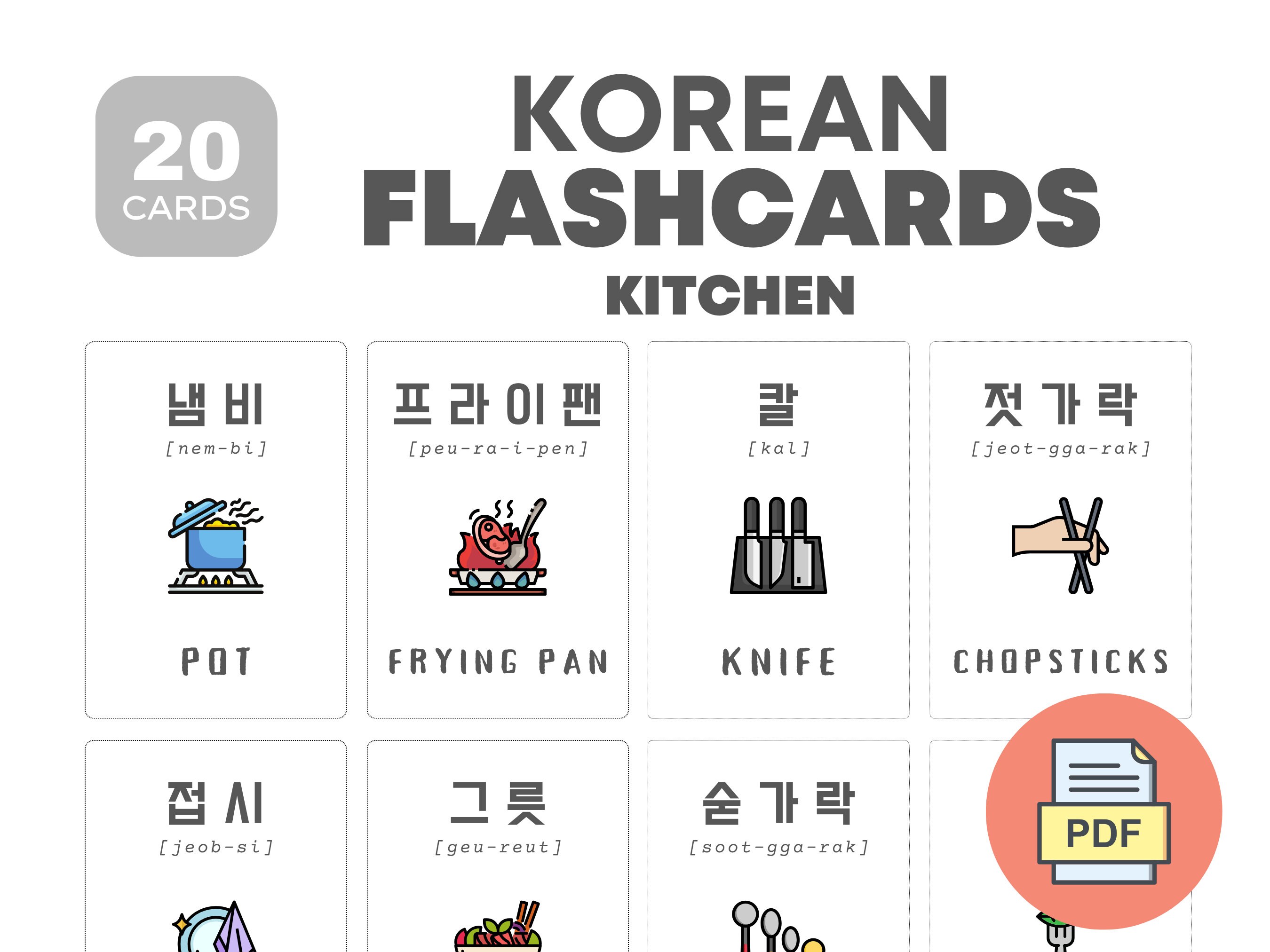 Korean Kitchen Flashcards | Learn Korean Language | Educational ...