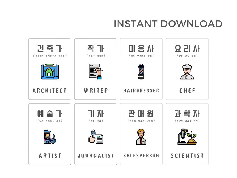 Korean Job Flashcards | Learn Korean Language | Educational Printable ...