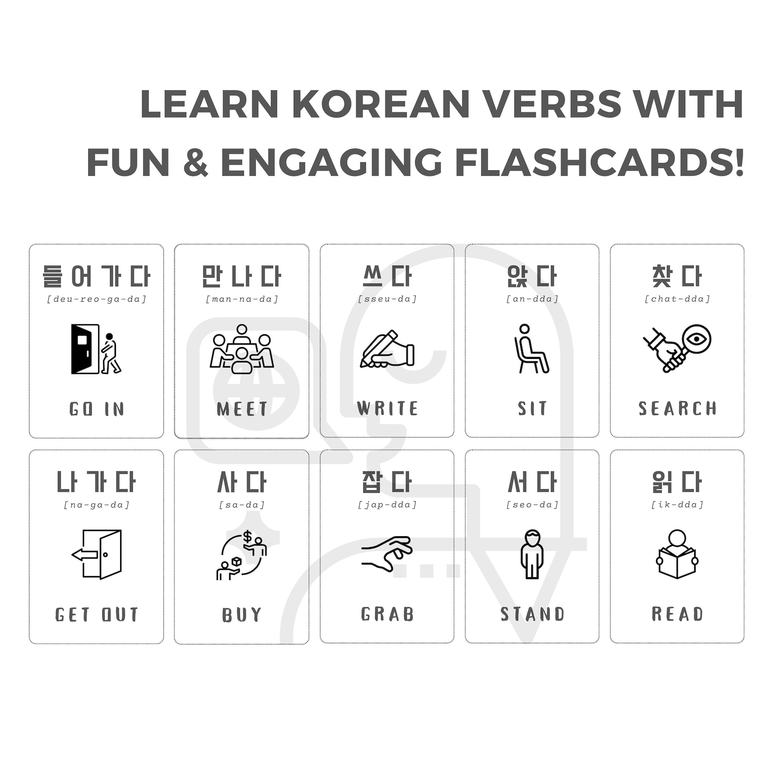 100 Korean Verb Flashcards | Learn Hangul Verbs | Printable Vocabulary ...