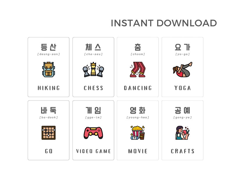 Korean Hobby Flashcards | Learn Korean Language | Educational Printable ...