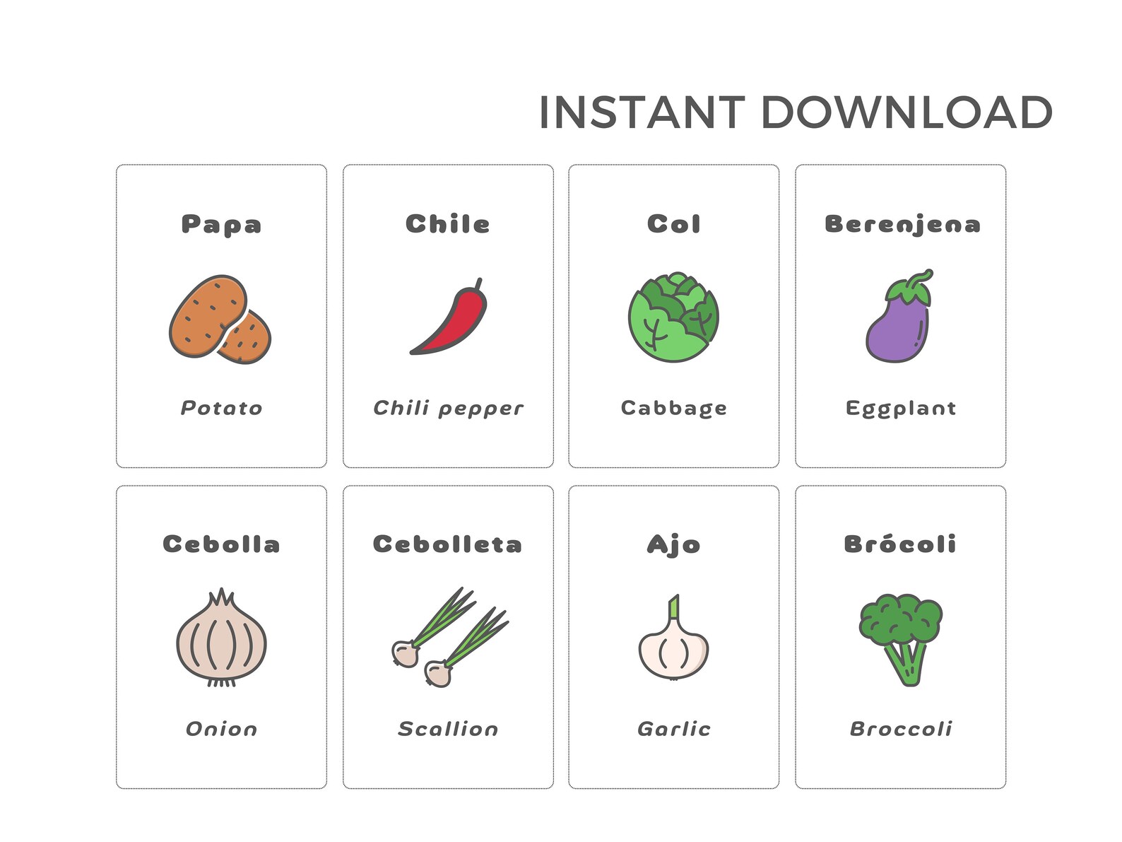 Spanish Vegetable Flashcards Learn Spanish Language - Etsy