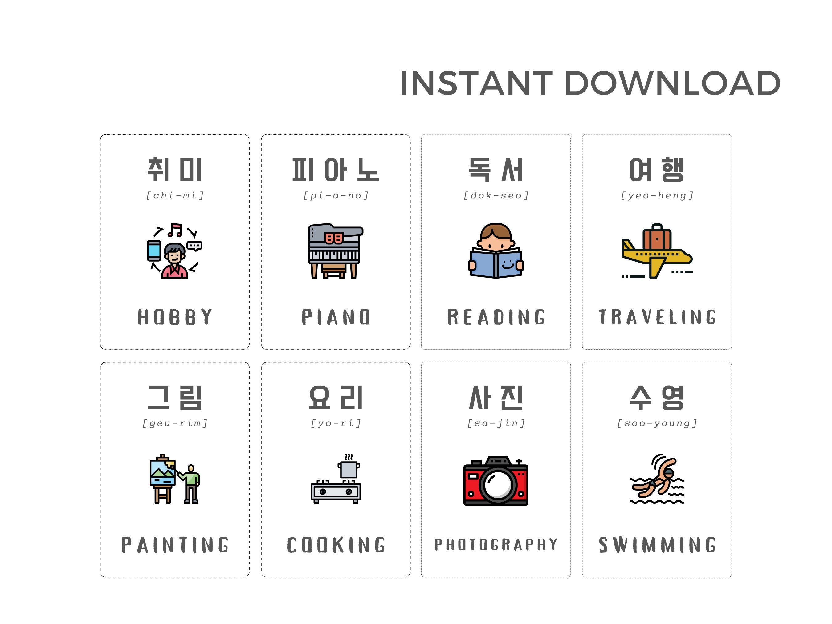 Korean Hobby Flashcards | Learn Korean Language | Educational Printable ...