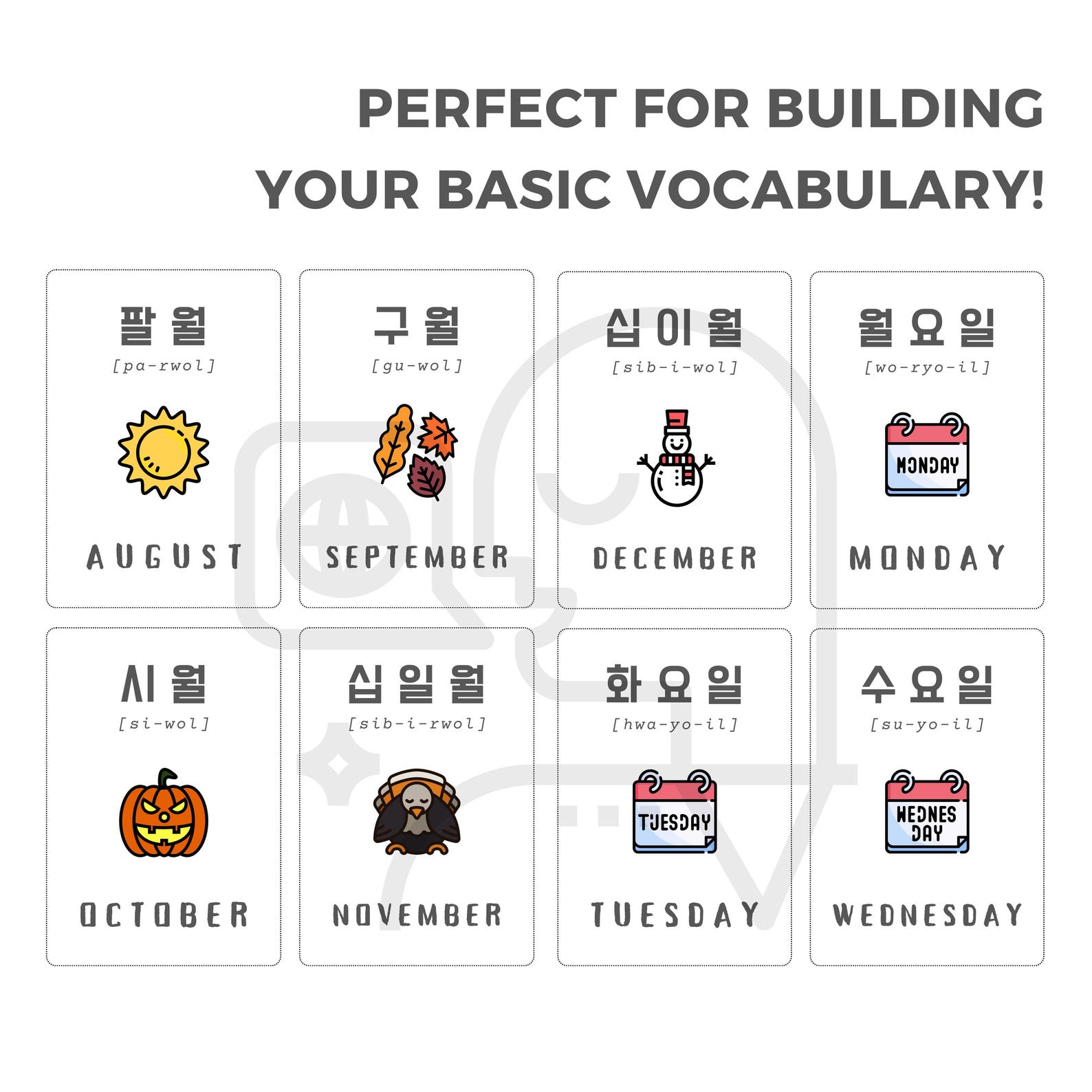 20 Korean Days & Months Flashcards | Learn Hangul Calendar Words ...