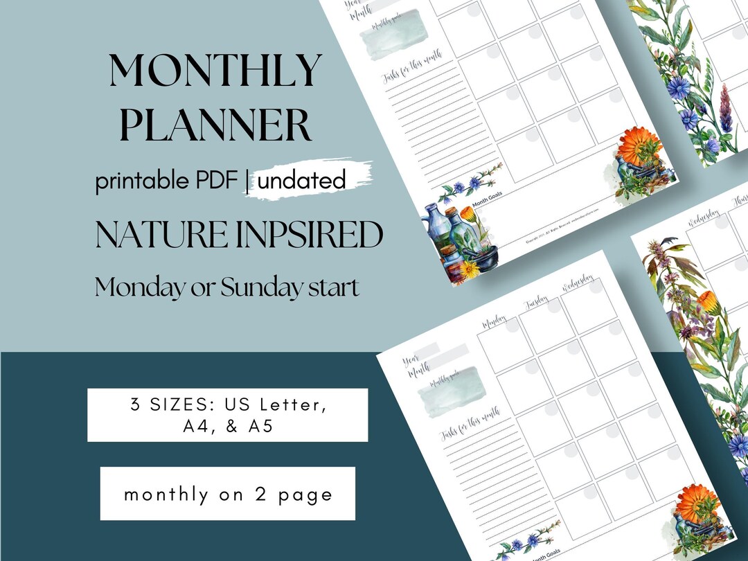 Nature Alchemy Monthly Planner: Printable PDF, Undated (A4, A5, US ...