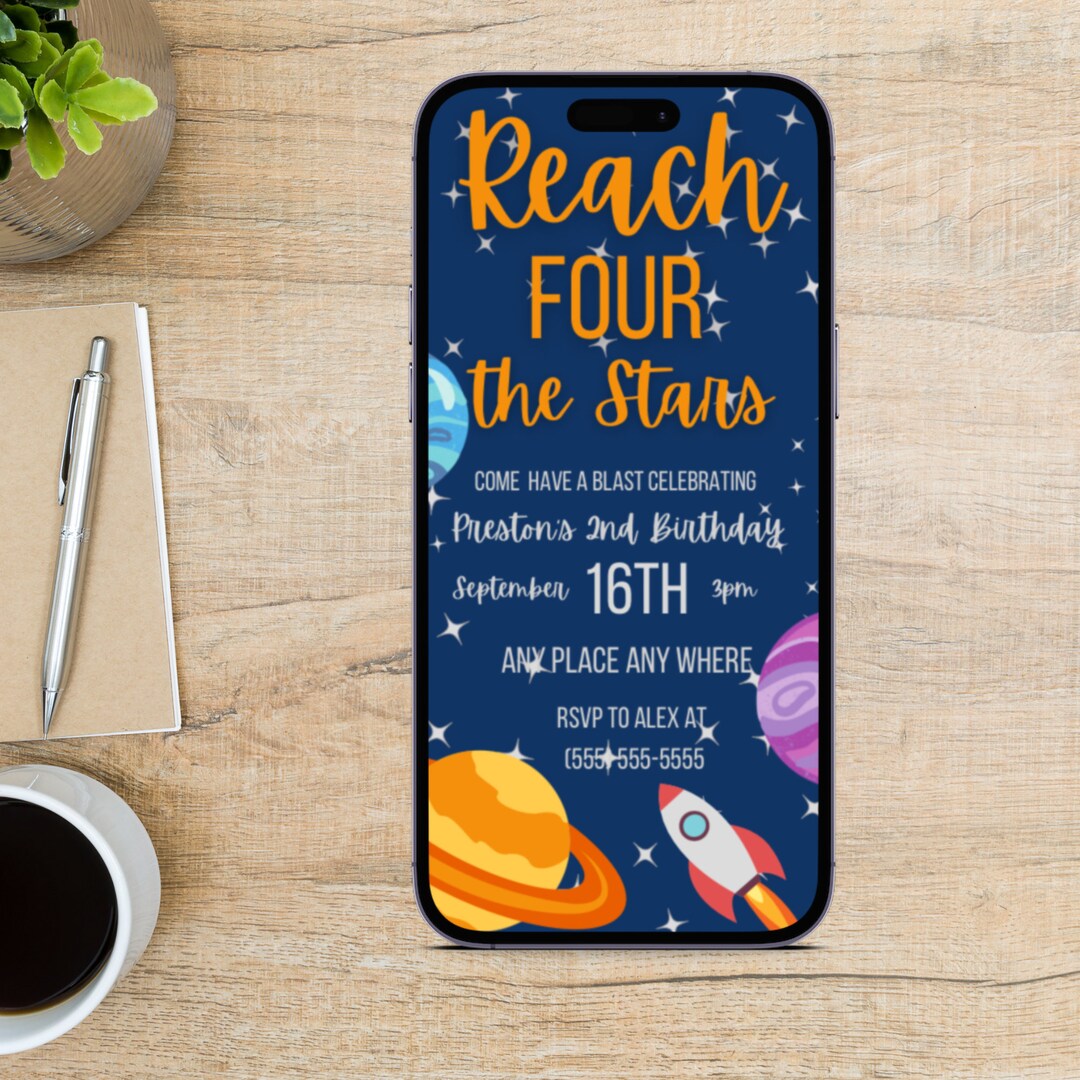 Animated Editable Reach Four the Stars 4th Birthday Invitation Template ...