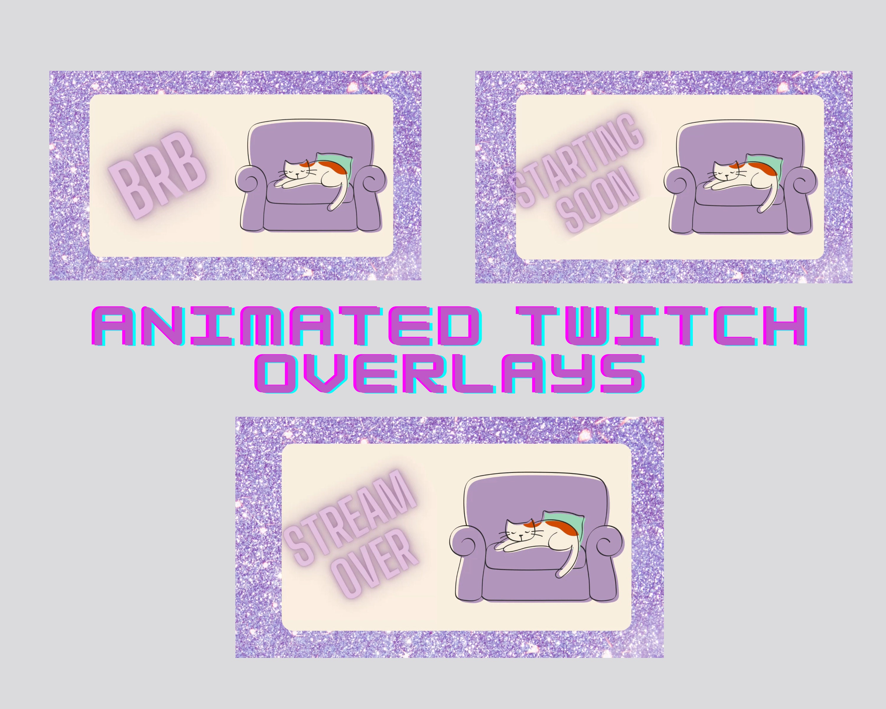 Twitch Stream Overlay Set Animated Purple Cats Premade Twitch Overlays ...