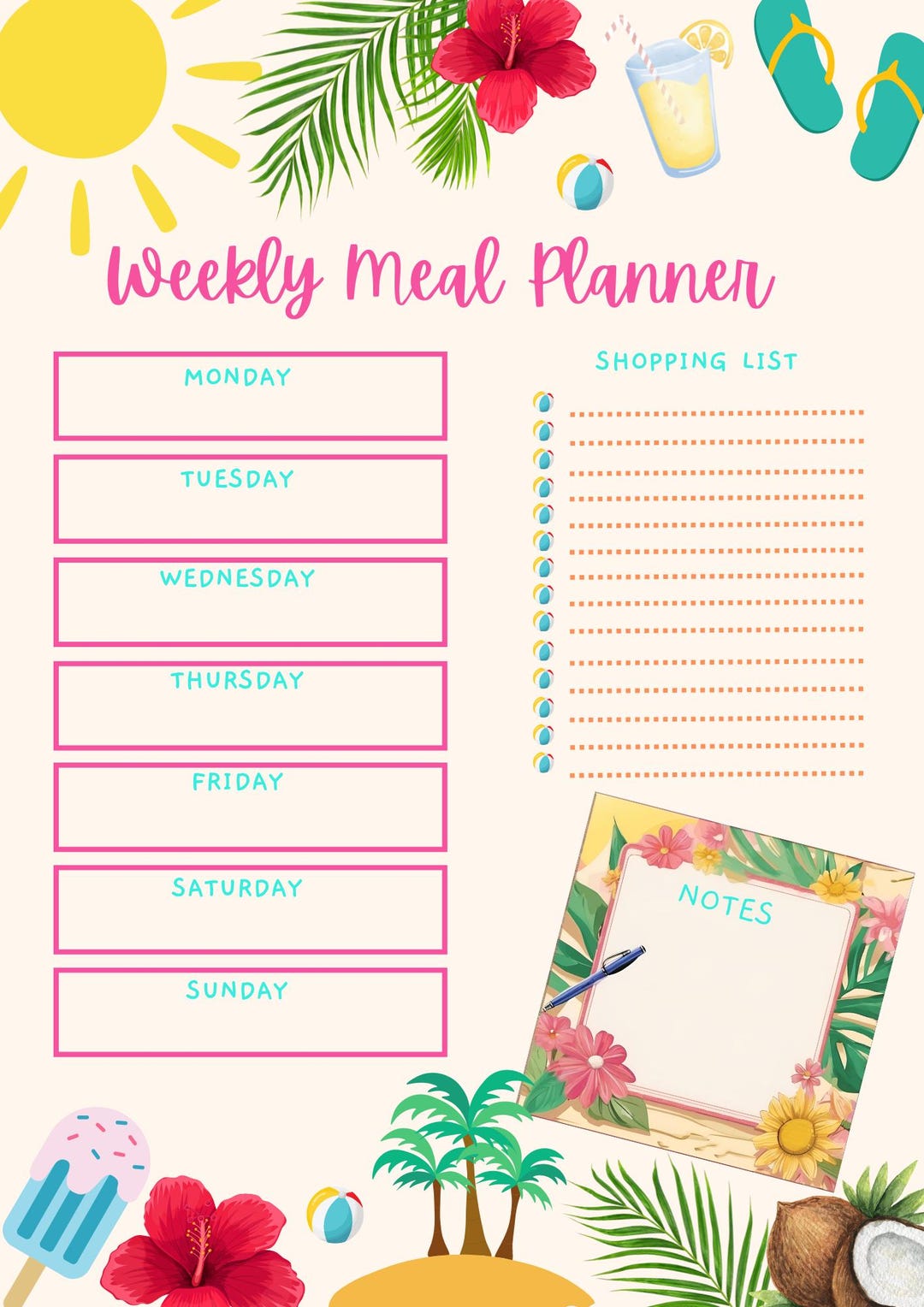 Weekly Meal Planner - Summer Themed - Printable - Etsy