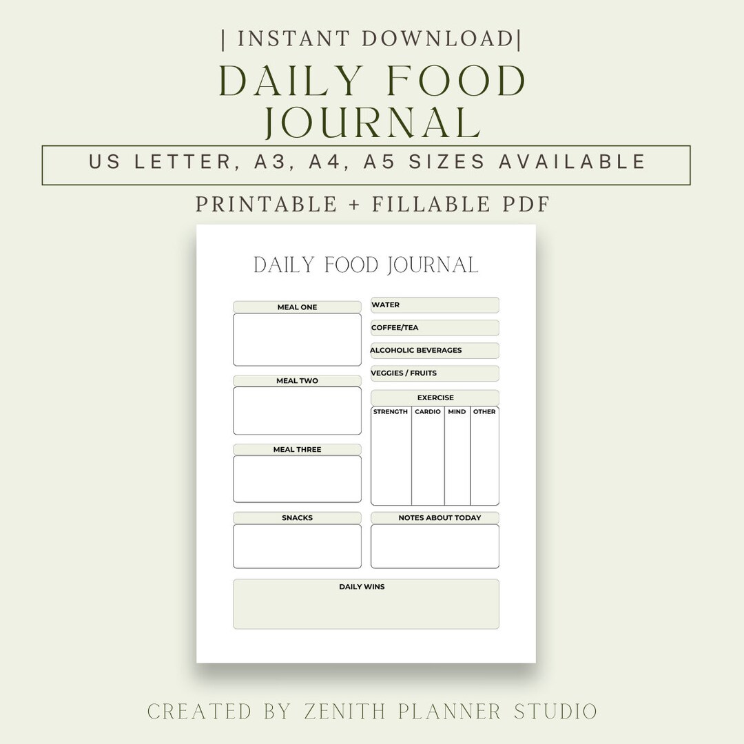 Printable Daily Food Journal Meal and Exercise Tracker Hydration ...