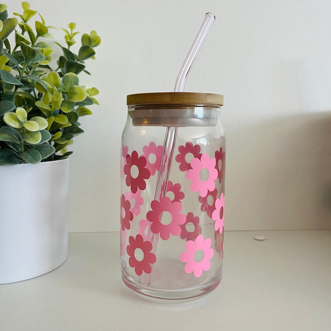 Flower Inspired Iced Coffee Glass Cups With Bamboo Lids and Glass ...