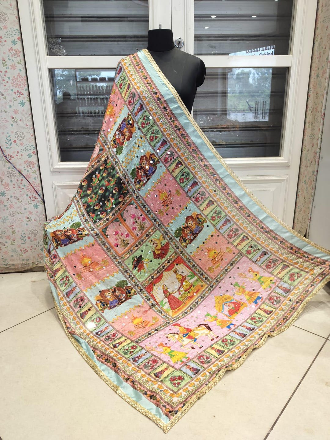 Women Silk Dupatta With Heavy Mirror & Pearl Work Printed Chinon ...