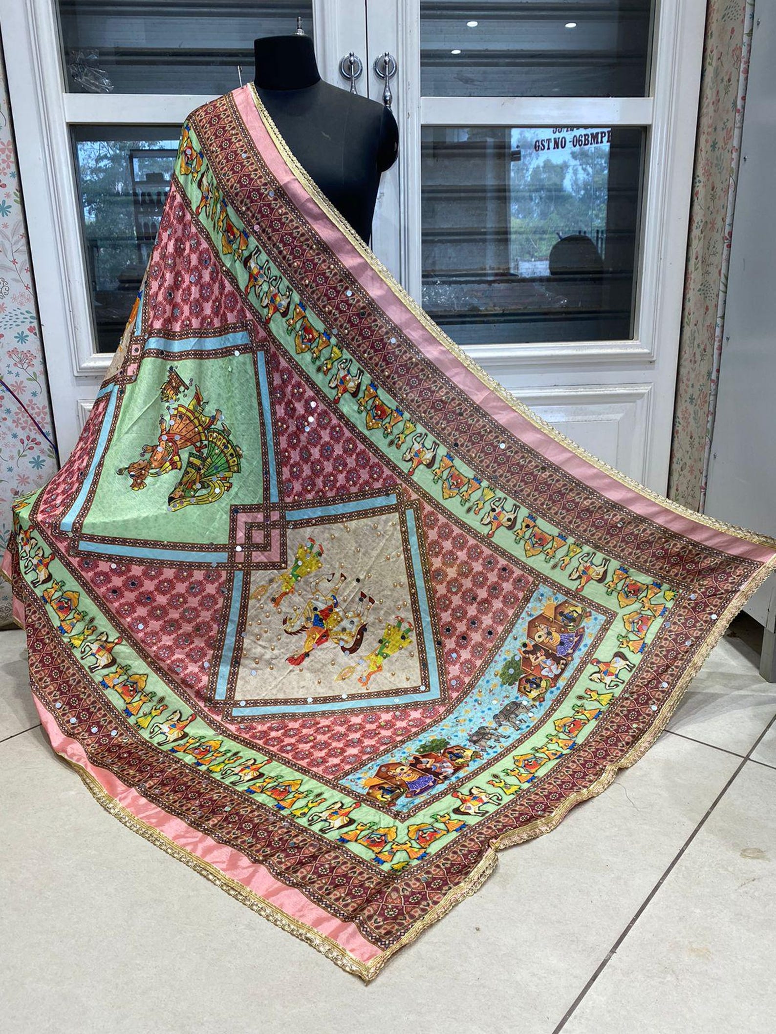 Women Silk Dupatta With Heavy Mirror & Pearl Work Printed Chinon ...