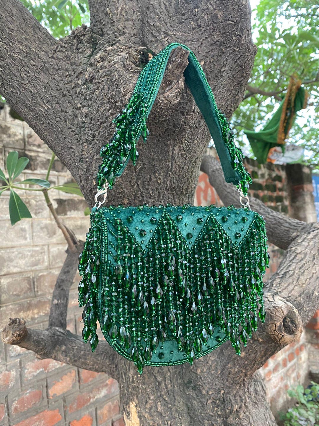 Emerald Green Beaded Fringe Bag: Handmade Embroidered Crystal Clutch - Etsy
