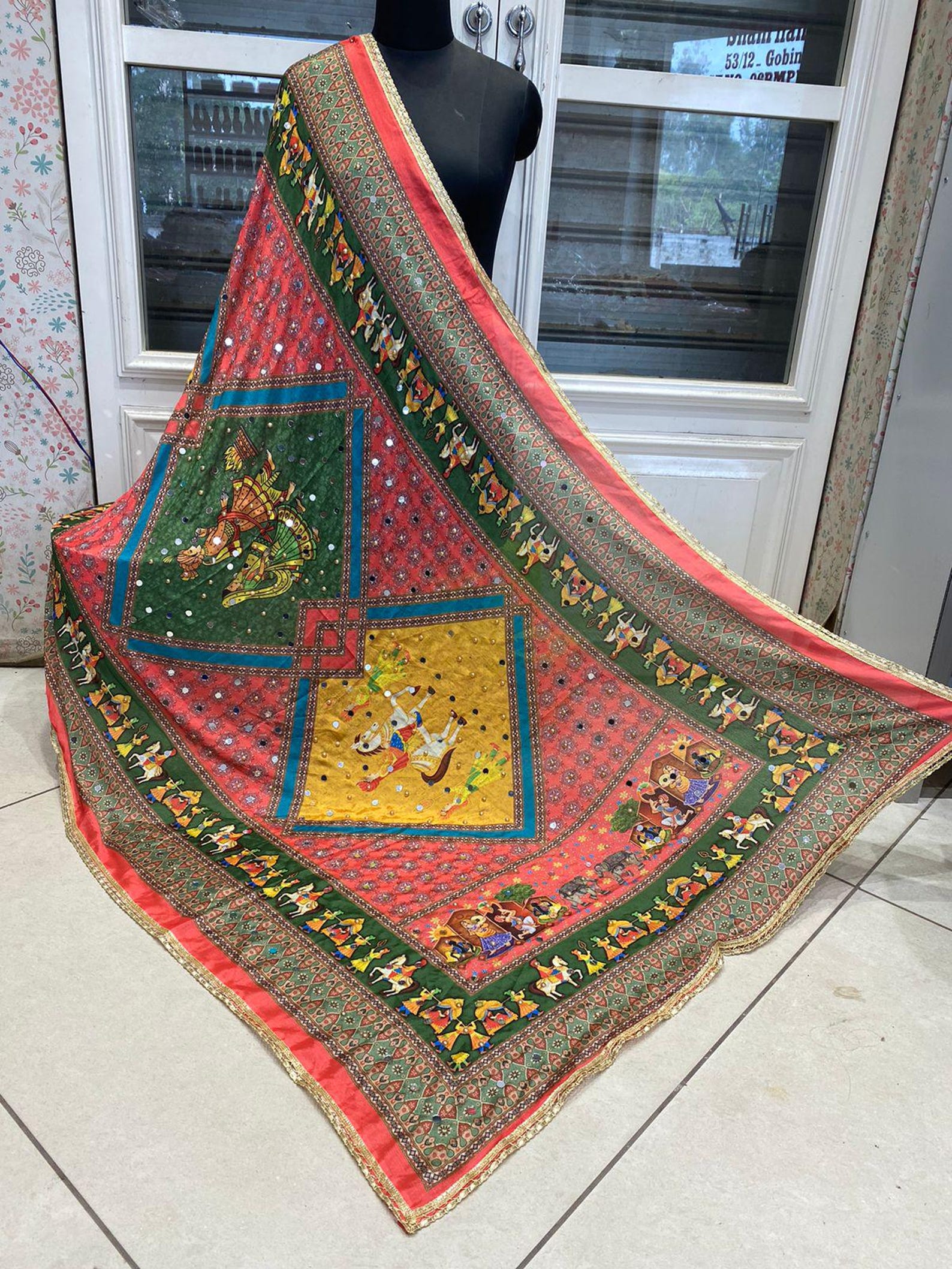 Women Silk Dupatta With Heavy Mirror & Pearl Work Printed Chinon ...