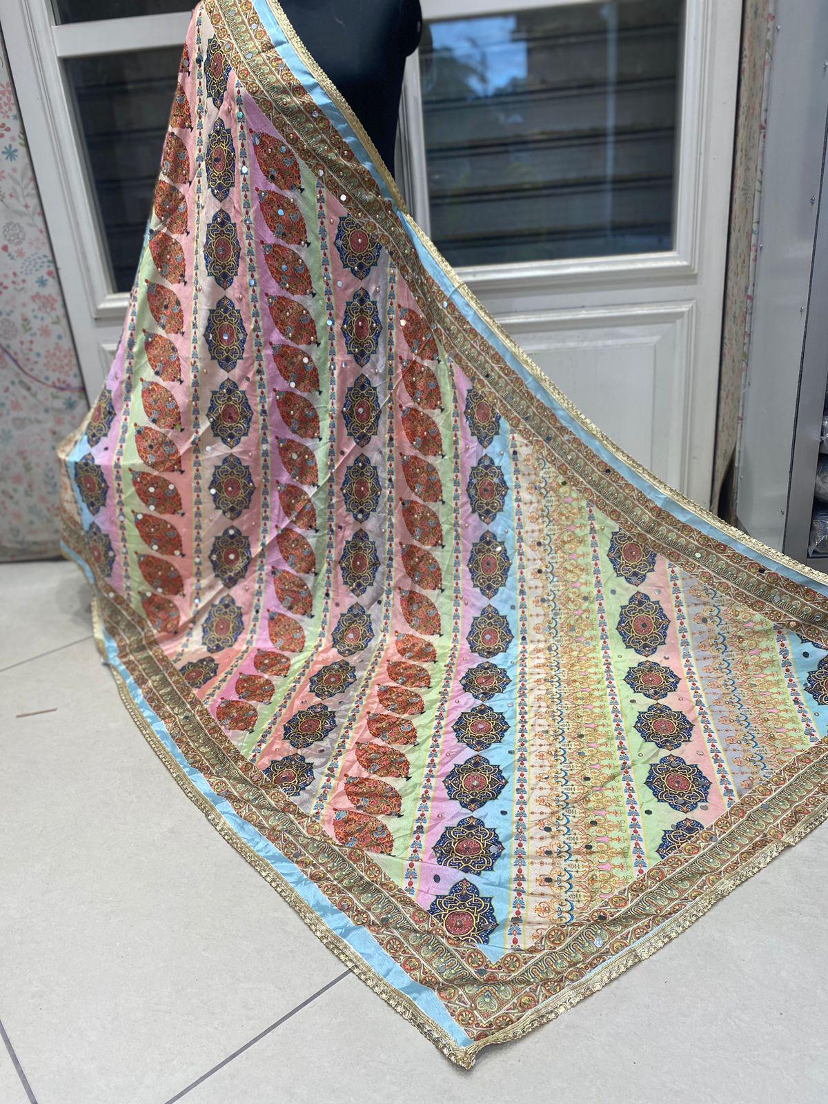 Women Silk Dupatta With Heavy Mirror & Pearl Work Printed Chinon ...