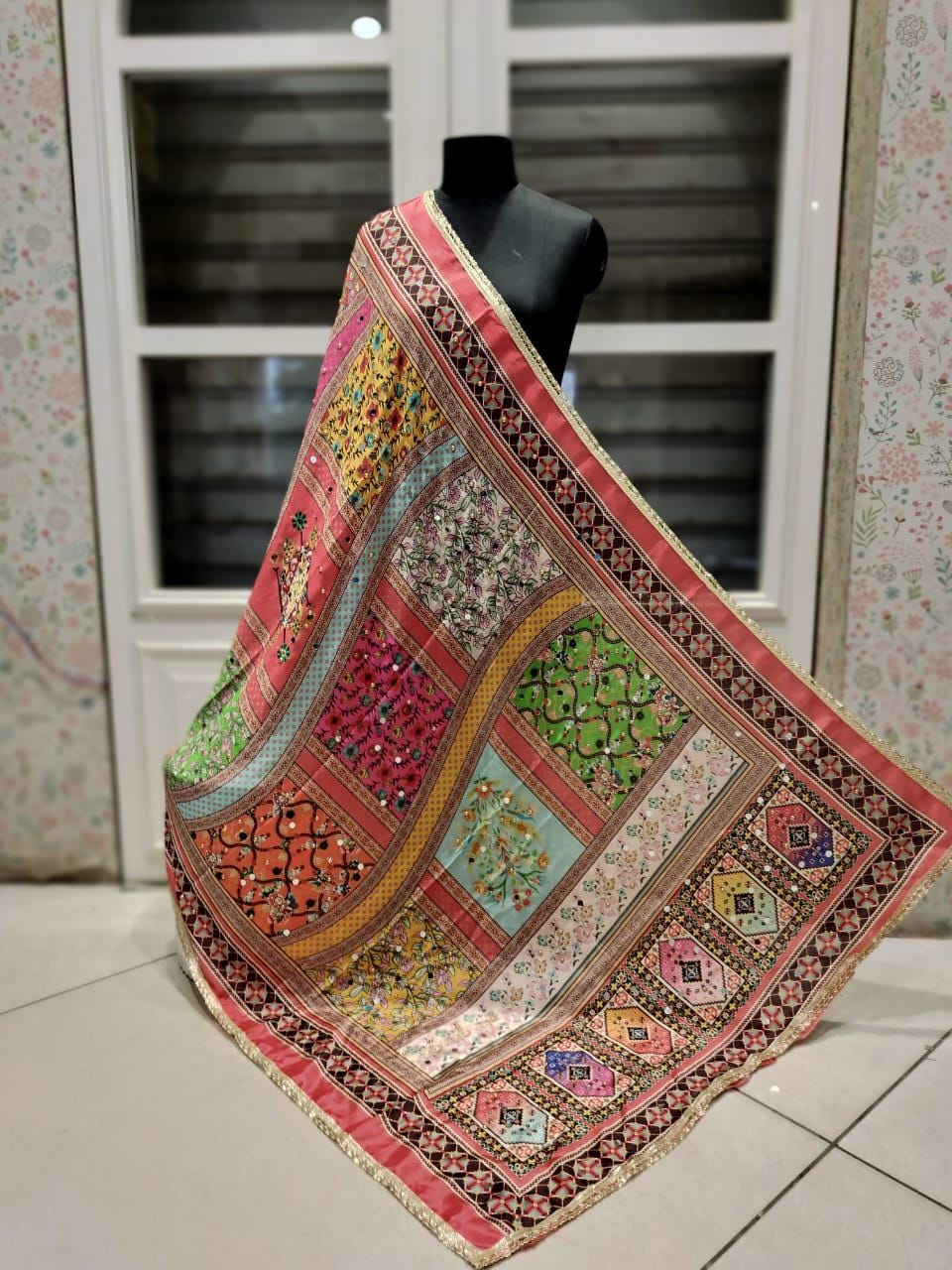 Women Silk Dupatta With Heavy Mirror & Pearl Work Printed Chinon ...