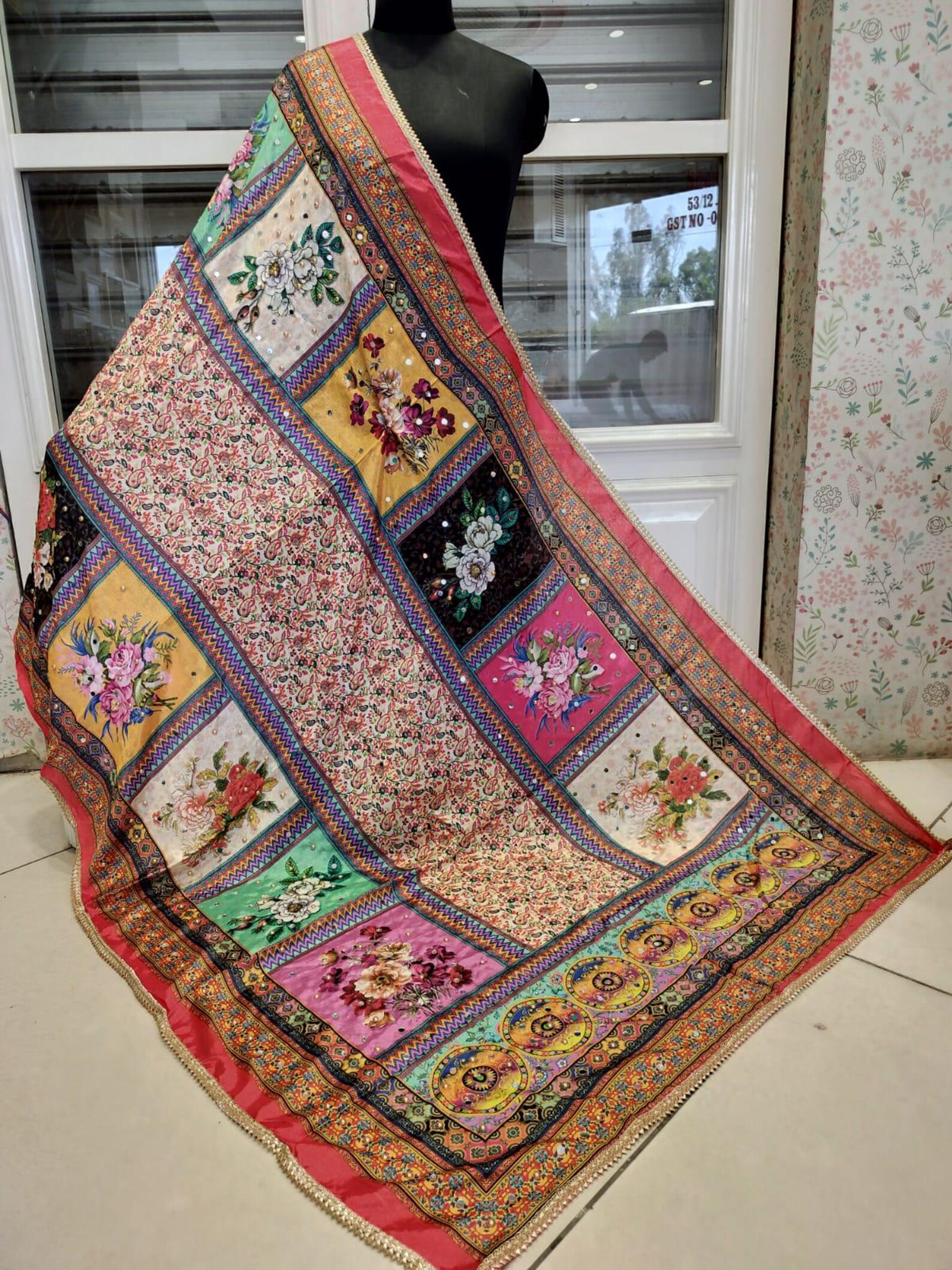 Women Silk Dupatta With Heavy Mirror & Pearl Work Printed Chinon ...