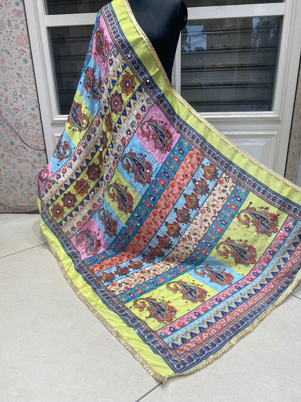 Women Silk Dupatta With Heavy Mirror & Pearl Work Printed Chinon ...