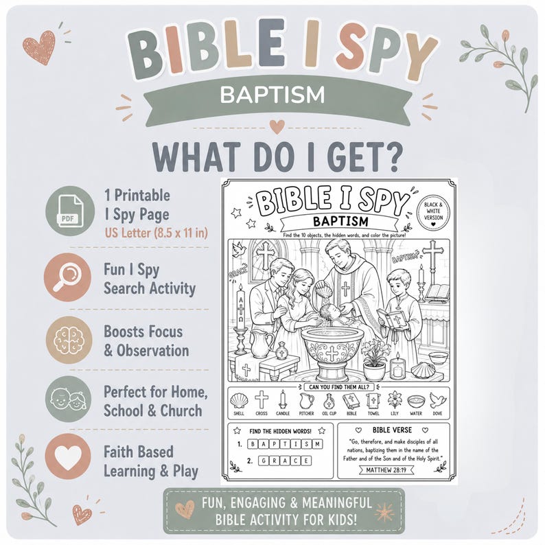 Catholic Baptism Bible I Spy Black and White Printable Game for Kids ...