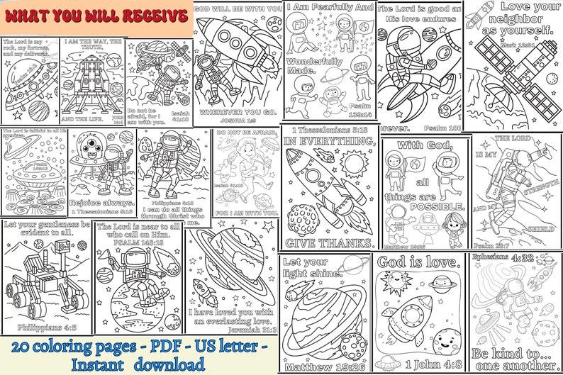 20 Kids Bible Verse Coloring Pages Printable, Space Theme Kids Coloring ...