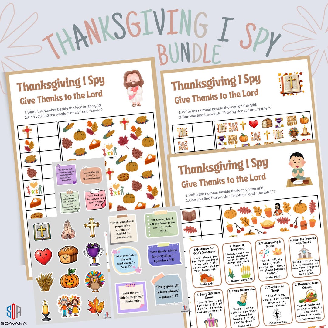 Christian Thanksgiving Activity Bundle | 3 Bible I Spy Games, 12 Prayer ...