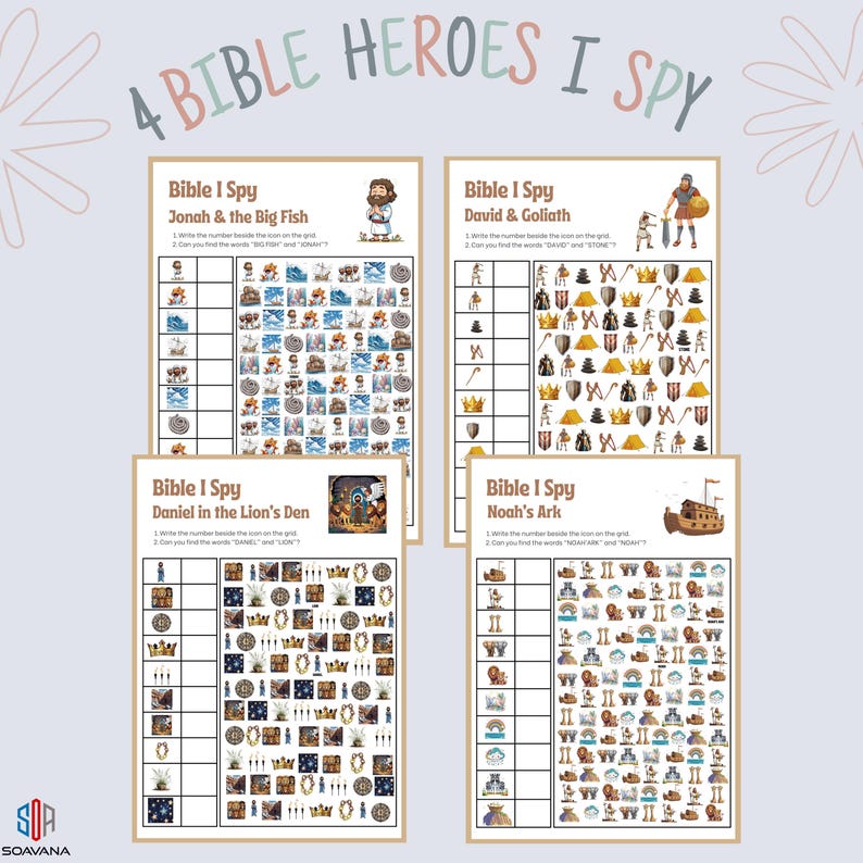 Bible Heroes I Spy Bundle|4 Printable Games + Story Cards + Stickers ...